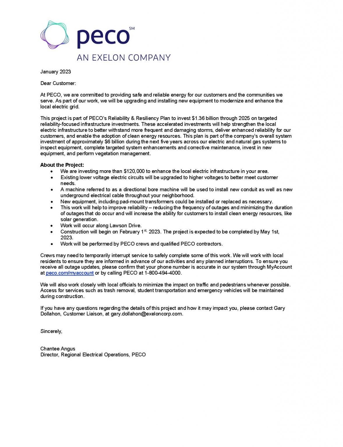 PECO Notice to Residents on Lawson Drive - Lower Southampton Township